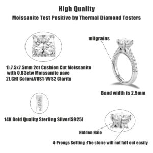 DovEggs Moissanite Engagement Rings for Women 2ct 7.5x7.5mm G-H-I Color Cushion Lab Created Diamond Moissanite Hidden Halo Wedding Rings accents 14k Gold Quality Sterling Silver(6)