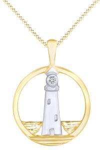 round shape white natural diamond accent two tone lighthouse pendant necklace in 10k yellow gold