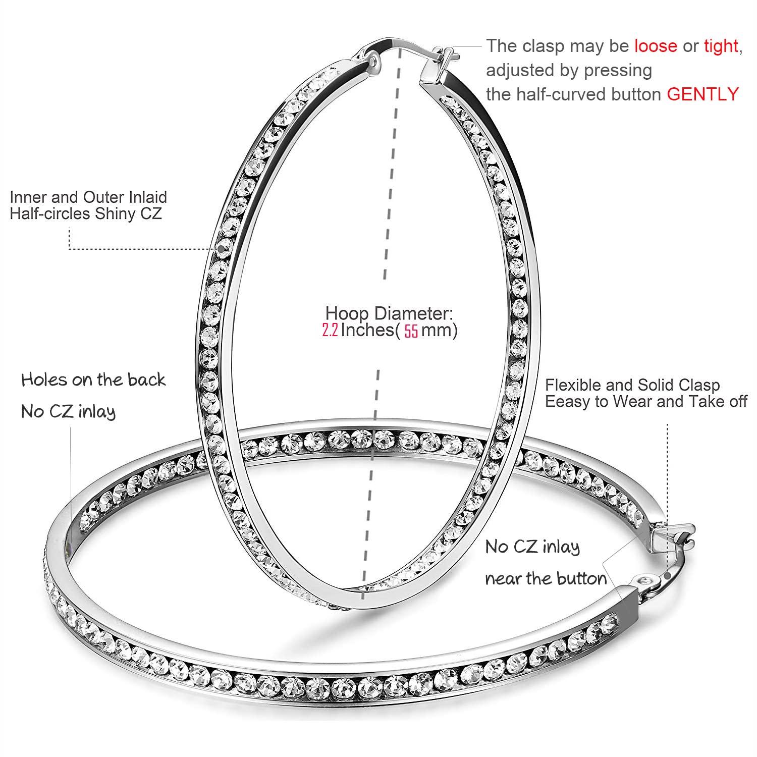 18K White Gold plated Inside-Out Hoop Earrings with CZ 55mm