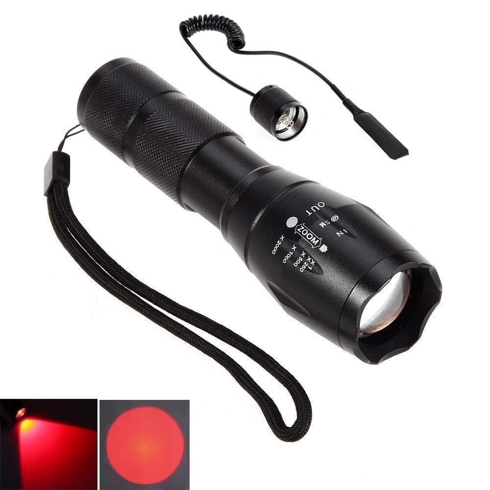 BESTSUN 350 Yard Red Light Predator Light Zoomable Long Range Night Hunting Coyote Varmint Light Tactical Hunting Led Flashlight with Pressure Switch, Picatinny & Scope Mounts, Rechargeable Batteries