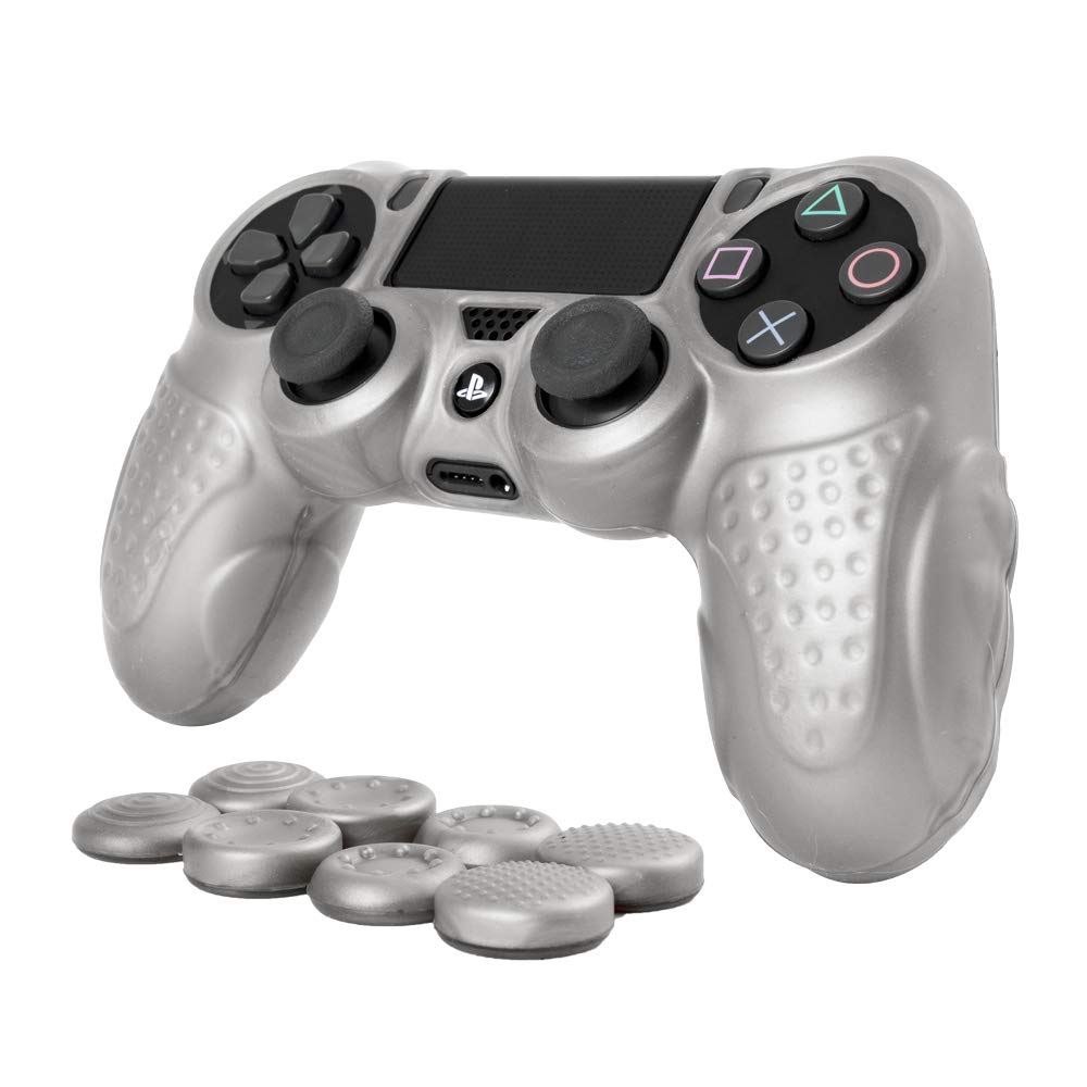 CHIN FAI PS4 Controller DualShock4 Skin Grip Anti-Slip Silicone Cover Protector Case for Sony PS4/PS4 Slim/PS4 Pro Controller with 8 Thumb Grips (Silver)