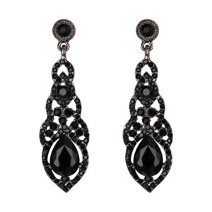 brilove wedding bridal dangle earrings for women crystal art deco teardrop hollow chandelier earrings black black-silver-tone