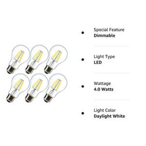 Dimmable 4W Vintage LED Filament Bulb 4000K Daylight White, Edison A19/A60 LED Light Bulbs, 40W Equivalent E26 Medium Base Lamp, Clear Glass Cover 400 Lumens, Pack of 6