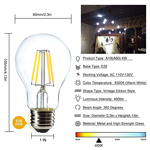 Dimmable 4W Vintage LED Filament Bulb 4000K Daylight White, Edison A19/A60 LED Light Bulbs, 40W Equivalent E26 Medium Base Lamp, Clear Glass Cover 400 Lumens, Pack of 6