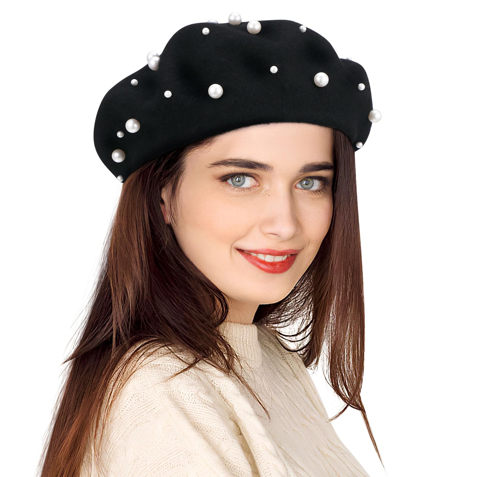 Pearl Autumn Winter Cashmere Beret Starry Beaded Pearl Rivet Wool Beret (Black)