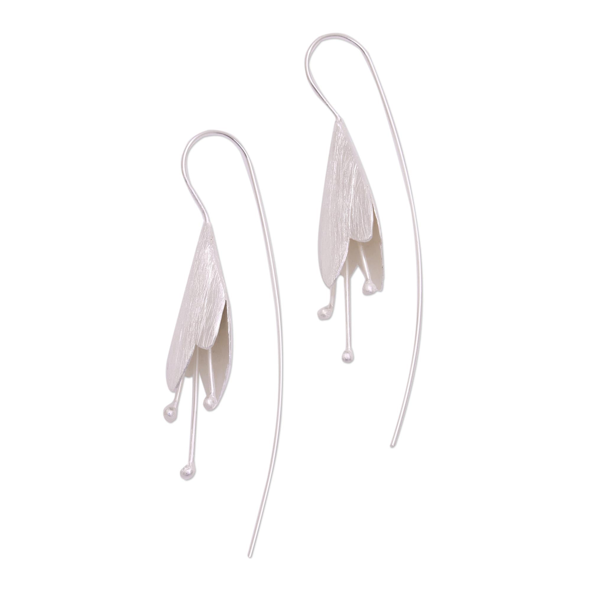 NOVICA Artisan Handmade Sterling Silver Drop Earrings Flower from Bali No Stone Indonesia Floral Modern [1.8 in L x 0.6 in W x 0.3 in D] ' Budding Orchid'