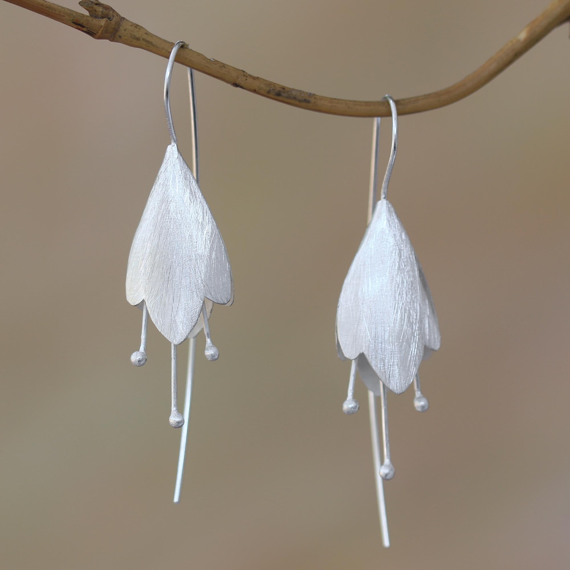 NOVICA Artisan Handmade Sterling Silver Drop Earrings Flower from Bali No Stone Indonesia Floral Modern [1.8 in L x 0.6 in W x 0.3 in D] ' Budding Orchid'