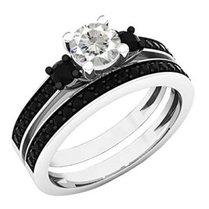 dazzlingrock collection 5 mm center round lab created white sapphire with natural black diamond three stone engagement ring set for women | 925 sterling silver, size 7.5