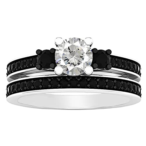 Dazzlingrock Collection 5 MM Center Round Lab Created White Sapphire with Natural Black Diamond Three Stone Engagement Ring Set for Women | 925 Sterling Silver, Size 7.5