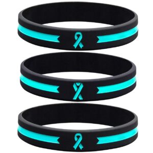 sainstone teal awareness ribbon silicone bracelets, teal inspirational ribbon wristbands unisex gifts for men women (3-pack)