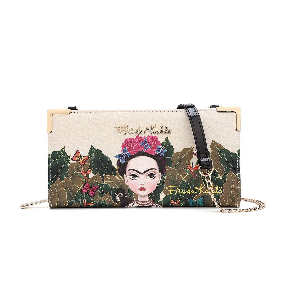 Frida Kahlo Cartoon Licensed Clutch with Long Strap (Black)