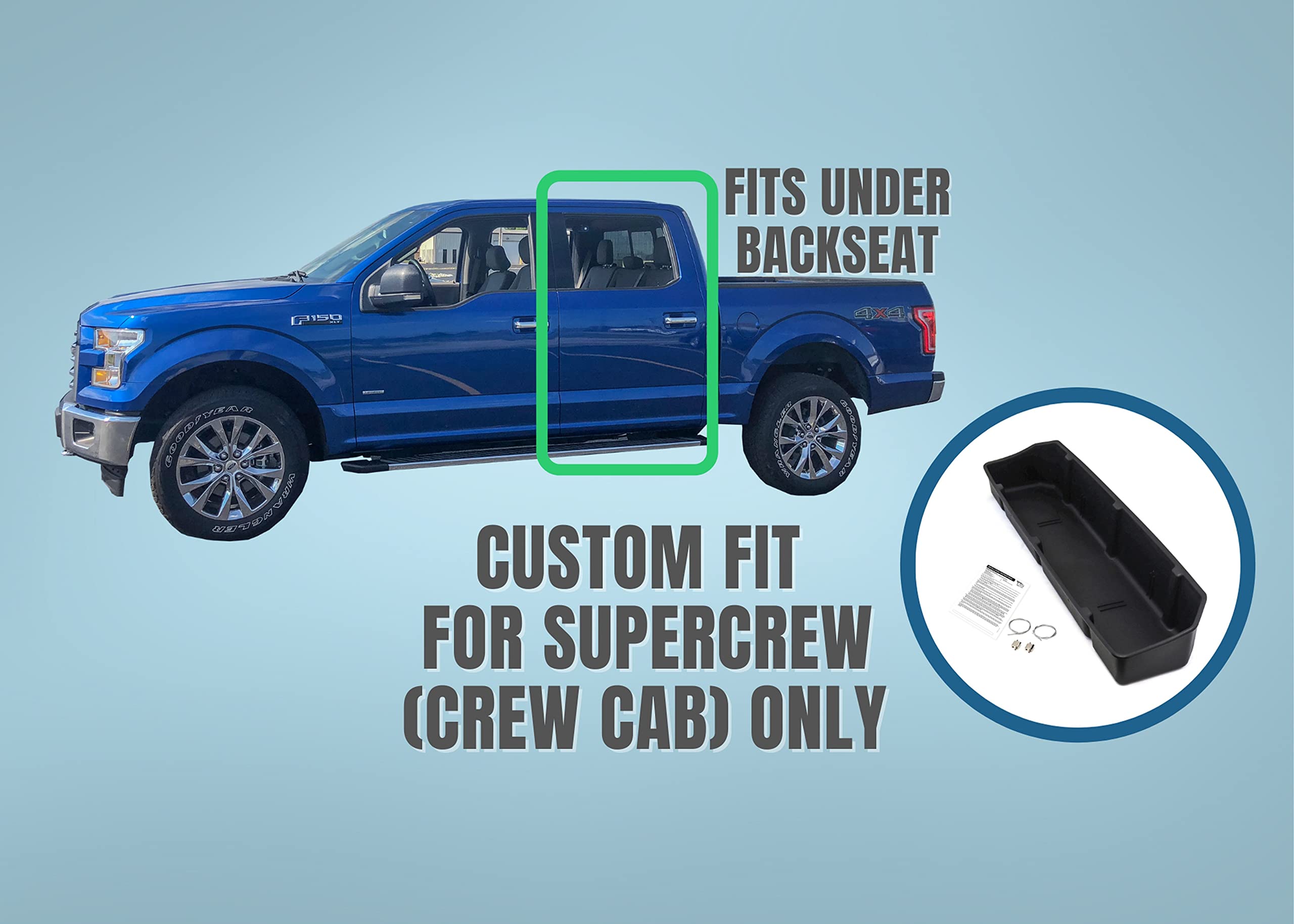 RHA Under Seat Storage 2015-2024 SuperCrew Fits Ford F-150, 2017-2024 Super Duty F-250/F-350 Crew Cab Upgraded Rear Underseat Box Black Organizer (WITHOUT OEM Floor Mounted Flip-up Storage)