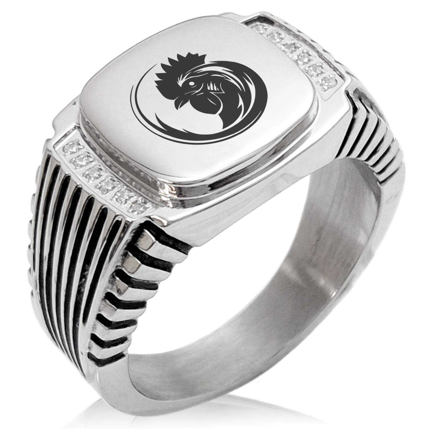 Two-Tone Stainless Steel Tribal Rooster Clear Cubic Zirconia Ribbed Needle Stripe Pattern Biker Style Polished Ring, Size 10