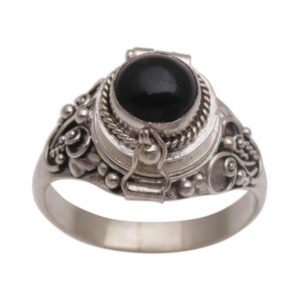 novica artisan handmade onyx locket ring 925 sterling silver from bali black cocktail indonesia birthstone [crownbezel 0.5 in h x 0.4 in w x 0.3 in d band width 3 mm w] ' gerhana shrine'