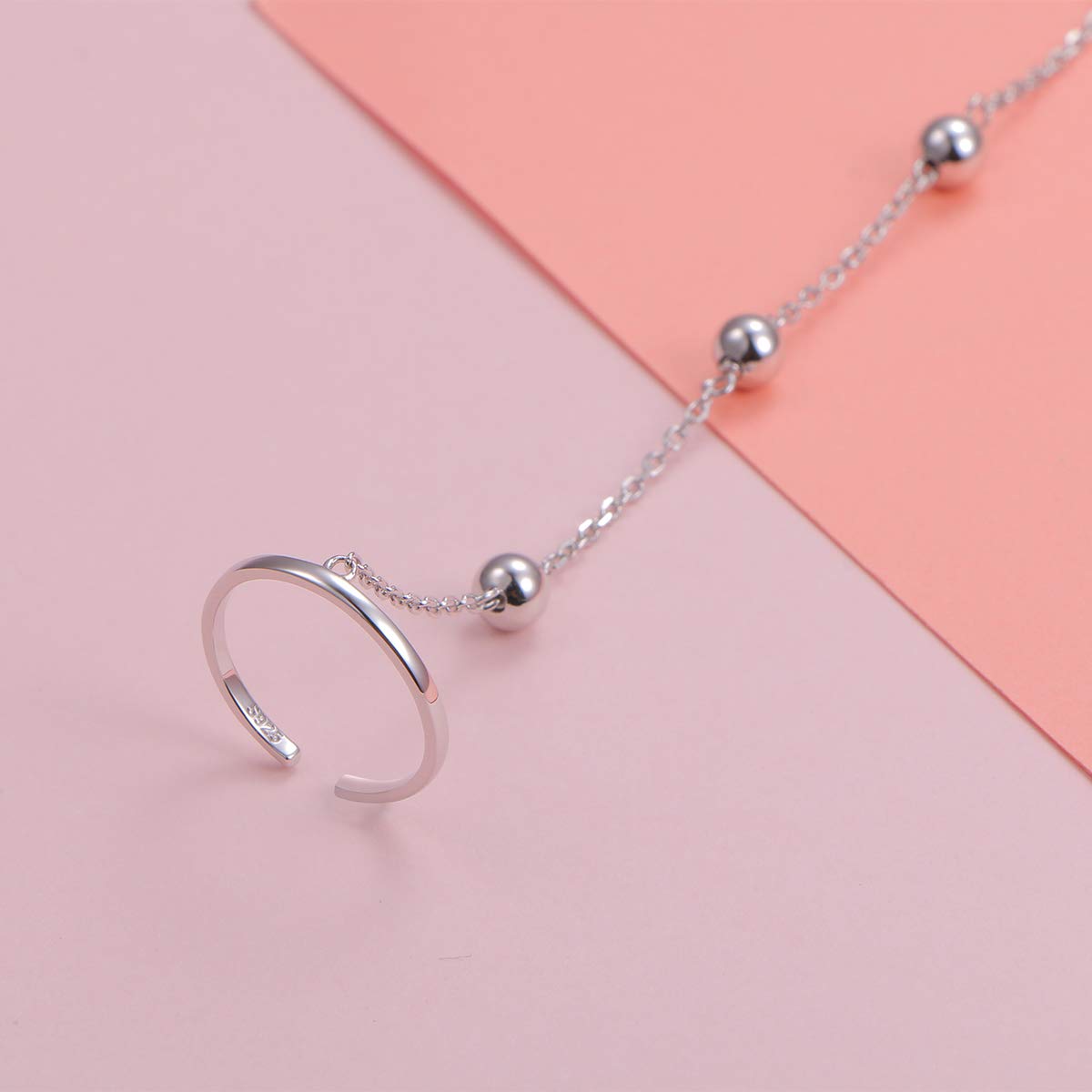 S925 Sterling Silver Finger Ring Bracelet Attached Hand Harness Bead Chain Set for Women Beads