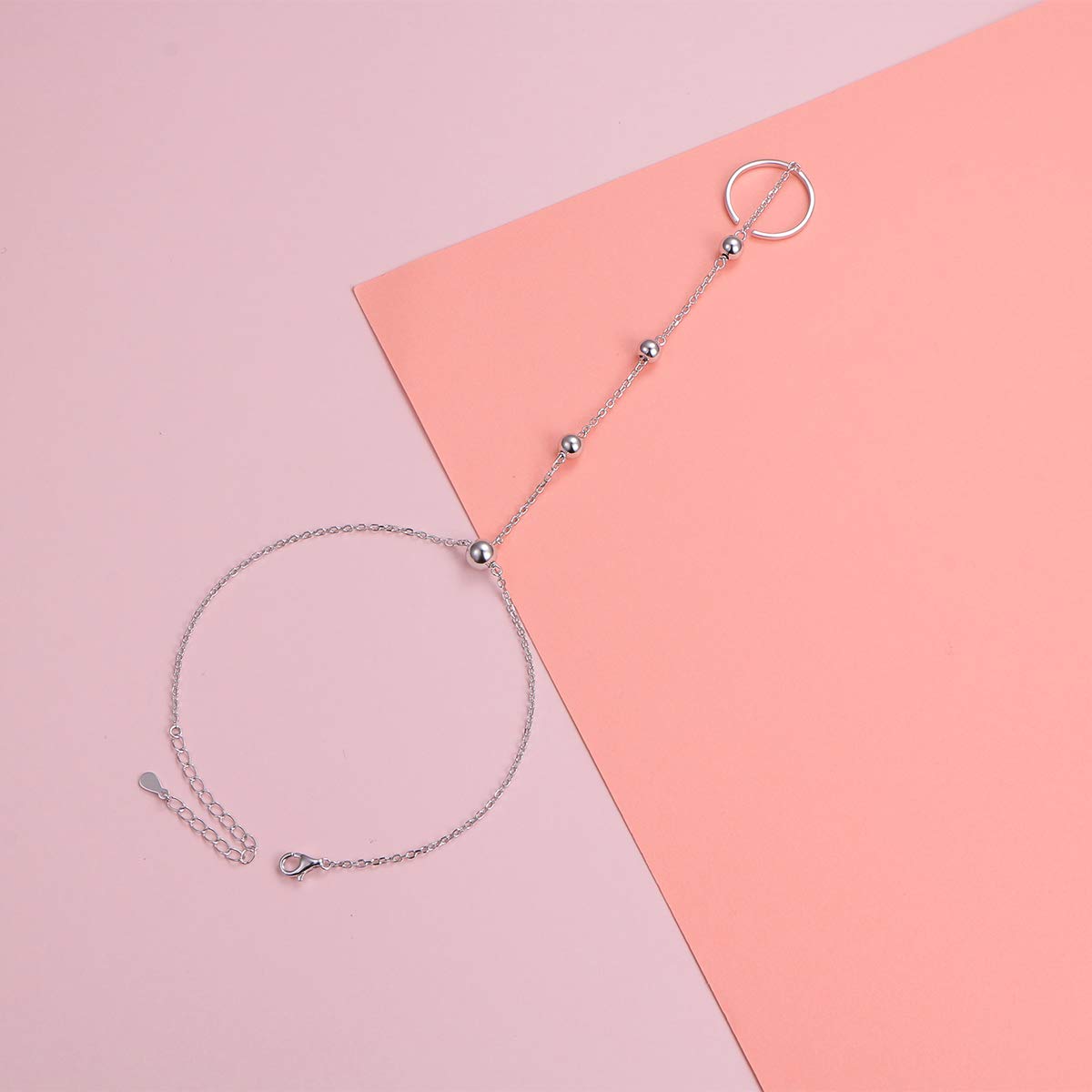 S925 Sterling Silver Finger Ring Bracelet Attached Hand Harness Bead Chain Set for Women Beads