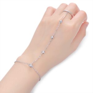 S925 Sterling Silver Finger Ring Bracelet Attached Hand Harness Bead Chain Set for Women Beads