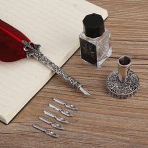 TOPINCN Antique Feather Dip Pen Quill Pen Calligraphy Metal Nibbed Pen Writing Ink Set Stationery 5 Nibs(Red)