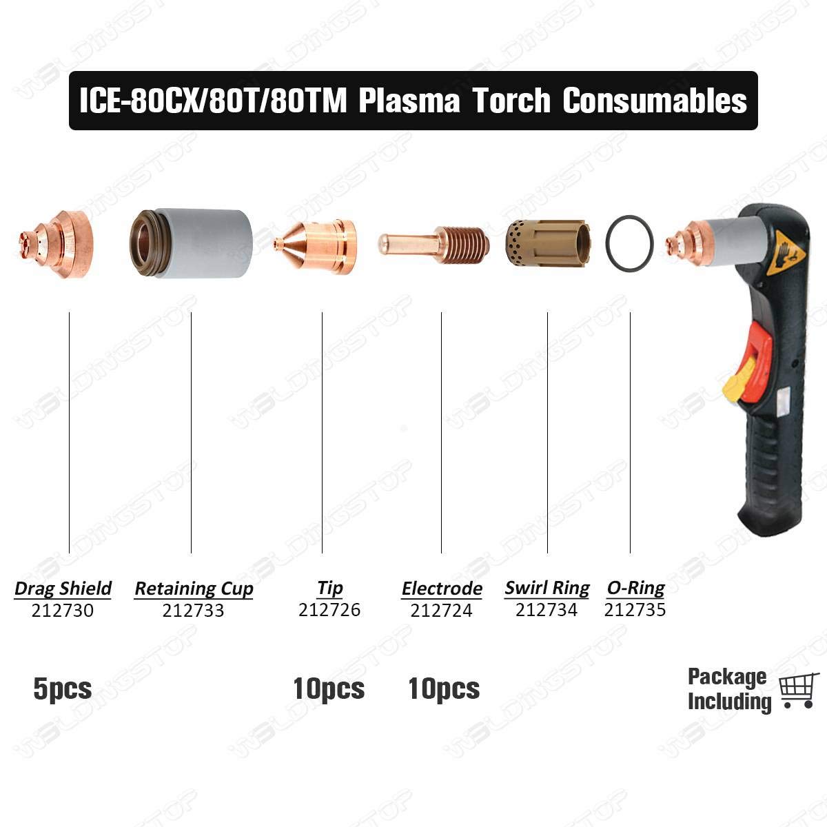 212724 Tip 80A Plasma Electrode Fit Miller ICE-80T/TM ICE-80CX Torch Consumables