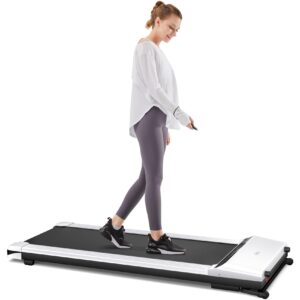 umay under desk treadmill with foldable wheels, portable walking jogging machine flat slim treadmill with free sports app & remote control, jogging running machine for home/office white