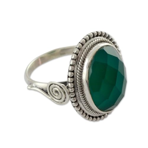 NOVICA Artisan Handmade Sterling Silver Cocktail Ring with Green Onyx India Bright Cobalt Biscay Bay Birthstone [0.9 in L x 0.7 in W x 0.2 in H 2 mm W] ' Green Magnificence'