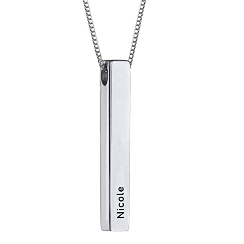 Ouslier 925 Sterling Silver Personalized 4 Sided Vertical 3D Bar Necklace Custom Made Name Text Engraved (925 Sterling Silver)