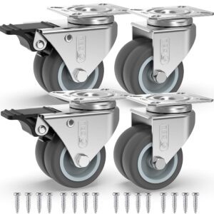 gbl 2 inch casters set of 4 heavy duty with 2 locking brakes + screws - up to 880lbs - swivel caster wheels - no floor marks silent plate casters - silver castor