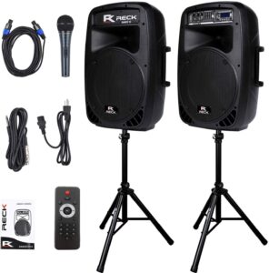 proreck dance 12 portable 12-inch 1000 watts 2-way powered pa speaker system combo set with bluetooth/usb/sd card reader/fm radio/remote control/speaker stand