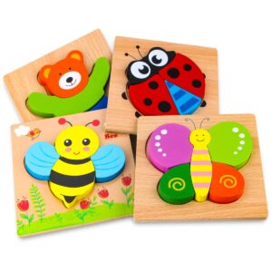 skyfield wooden animal puzzles for toddlers 1 2 3 years old, boys & girls educational toys gift with 4 animal patterns, bright vibrant color shapes, customize gift box ready