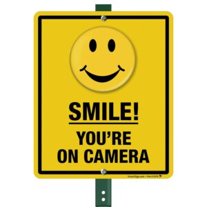 smartsign 12 x 10 inch “smile - you're on camera” yard sign with 3 foot stake, 40 mil aluminum 3m laminated engineer grade reflective material, black and yellow, set of 1, made in usa