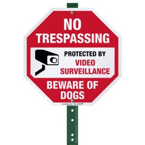 smartsign 10" x 10" 'no trespassing protected by video surveillance beware of dogs' octagonal yard sign with 3 ft stake, 40 mil aluminum 3m laminated engineer grade reflective, usa-made