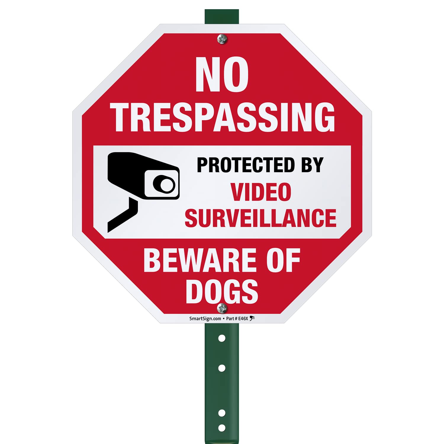 SmartSign 10" x 10" 'No Trespassing Protected By Video Surveillance Beware Of Dogs' Octagonal Yard Sign with 3 ft Stake, 40 mil Aluminum 3M Laminated Engineer Grade Reflective, USA-Made