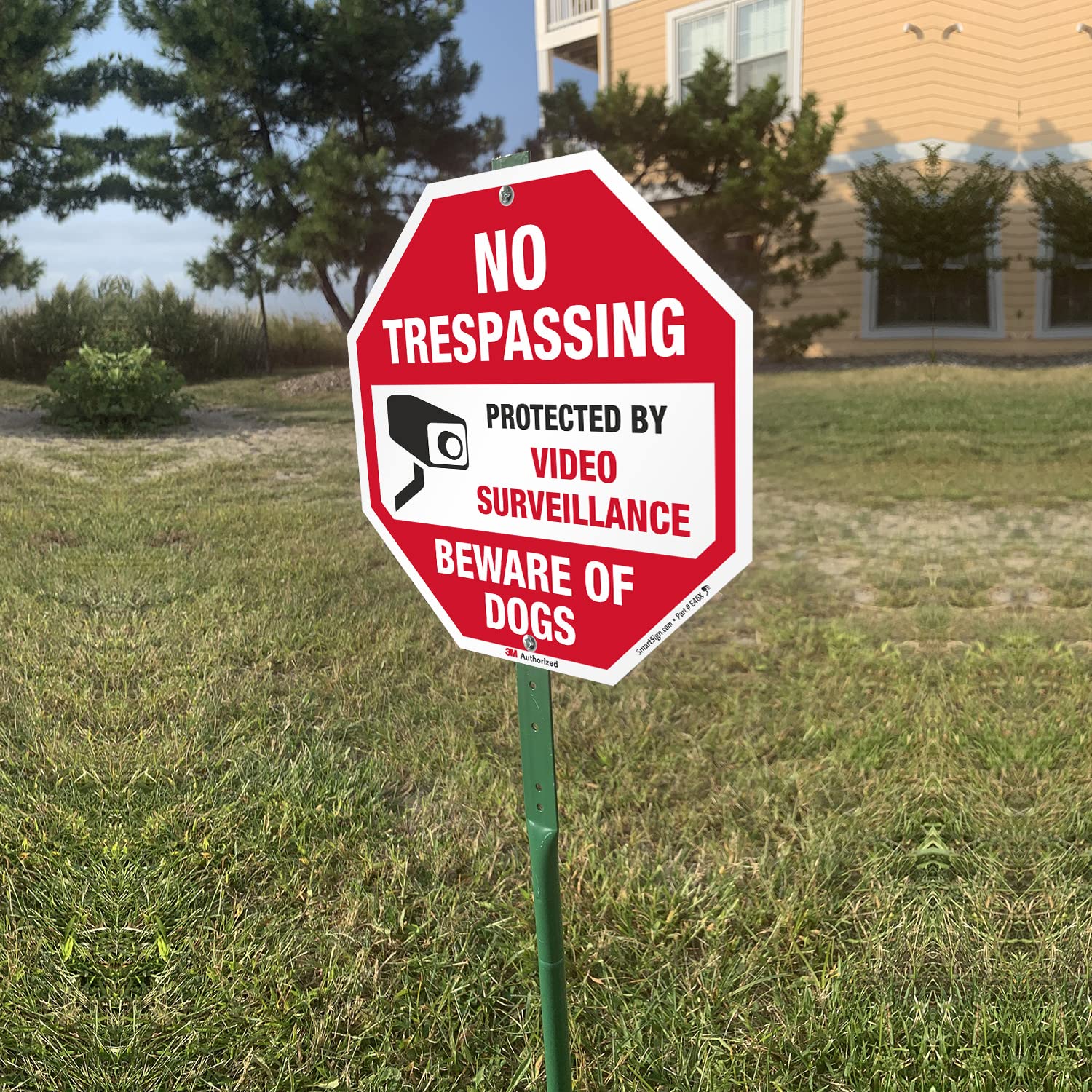 SmartSign 10" x 10" 'No Trespassing Protected By Video Surveillance Beware Of Dogs' Octagonal Yard Sign with 3 ft Stake, 40 mil Aluminum 3M Laminated Engineer Grade Reflective, USA-Made