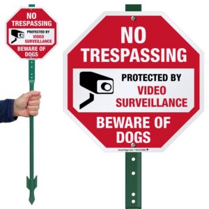 SmartSign 10" x 10" 'No Trespassing Protected By Video Surveillance Beware Of Dogs' Octagonal Yard Sign with 3 ft Stake, 40 mil Aluminum 3M Laminated Engineer Grade Reflective, USA-Made