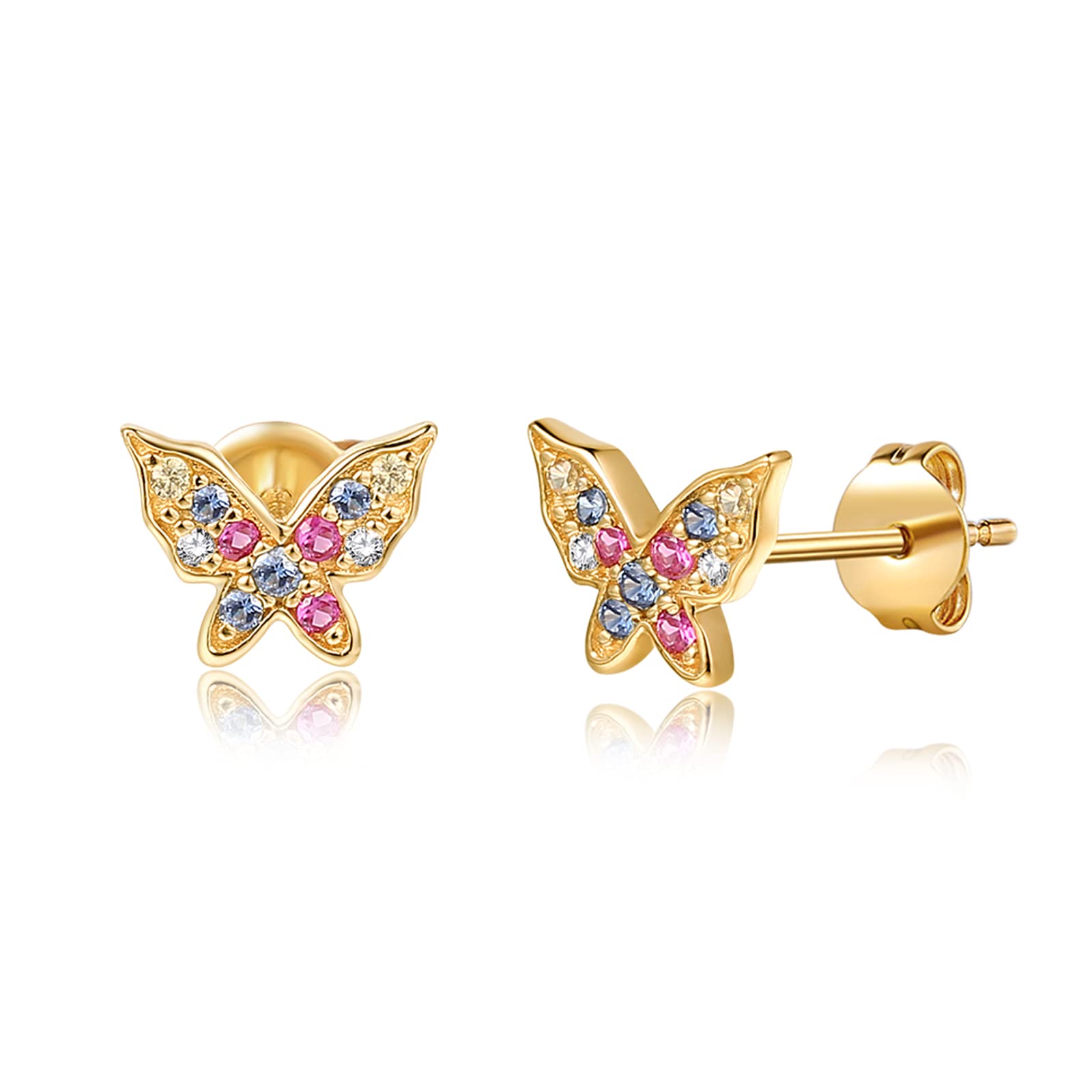 FANCIME Butterfly Studs 14K Solid Yellow Gold Multicolored 0.132ct Sapphire 0.012ct Diamond Small Tiny Cute Stud Earrings for Women Valentines Day Gifts