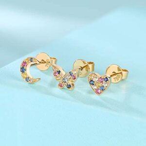 FANCIME Butterfly Studs 14K Solid Yellow Gold Multicolored 0.132ct Sapphire 0.012ct Diamond Small Tiny Cute Stud Earrings for Women Valentines Day Gifts