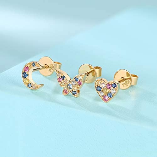 FANCIME Butterfly Studs 14K Solid Yellow Gold Multicolored 0.132ct Sapphire 0.012ct Diamond Small Tiny Cute Stud Earrings for Women Valentines Day Gifts