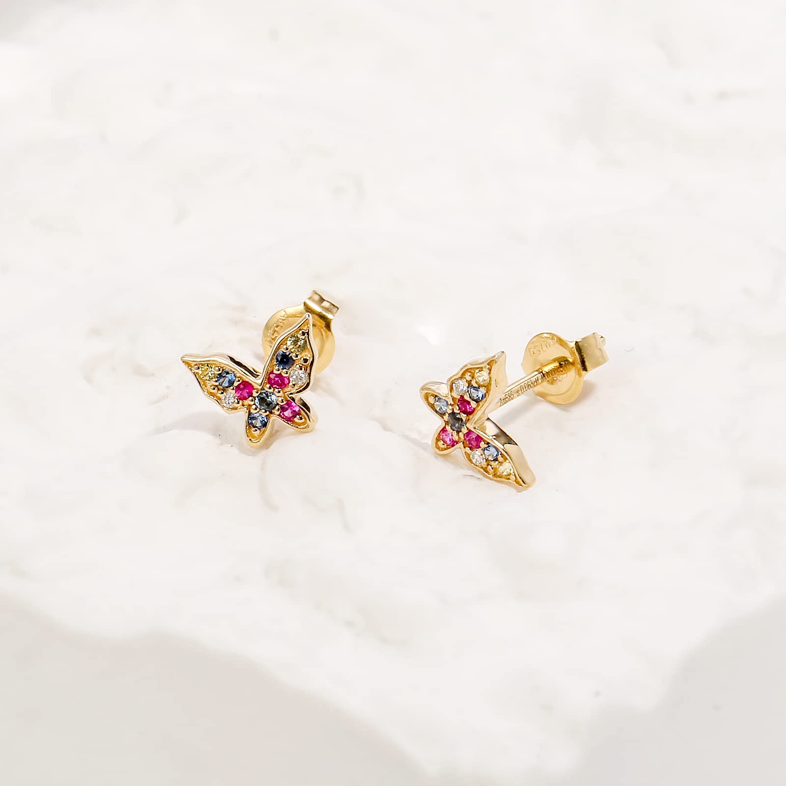 FANCIME Butterfly Studs 14K Solid Yellow Gold Multicolored 0.132ct Sapphire 0.012ct Diamond Small Tiny Cute Stud Earrings for Women Valentines Day Gifts