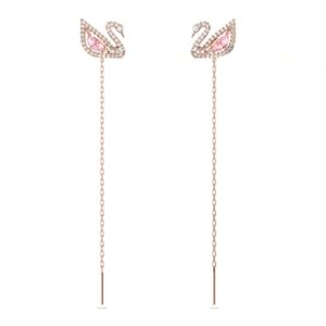 swarovski swan earrings, rose gold tone finish, pink crystals, clear crystals