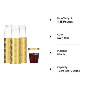 Munfix 100 Gold Plastic Cups 12 Oz Clear Plastic Cups Tumblers Gold Rimmed Cups Fancy Disposable Wedding Cups Elegant Party Cups with Gold Rim