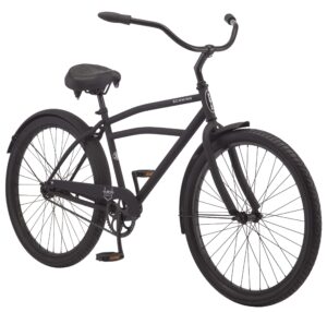 schwinn huron beach cruiser bike for adult, single speed, coaster brake, 26-inch wheels, 17-inch steel frame, full front & rear fenders, classic handlebar, black