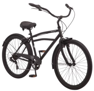 schwinn huron beach cruiser bike for adult, 7-speed, front and rear linear pull brake, 26-inch wheels, 17-inch step-over steel frame, full front & rear fenders, black