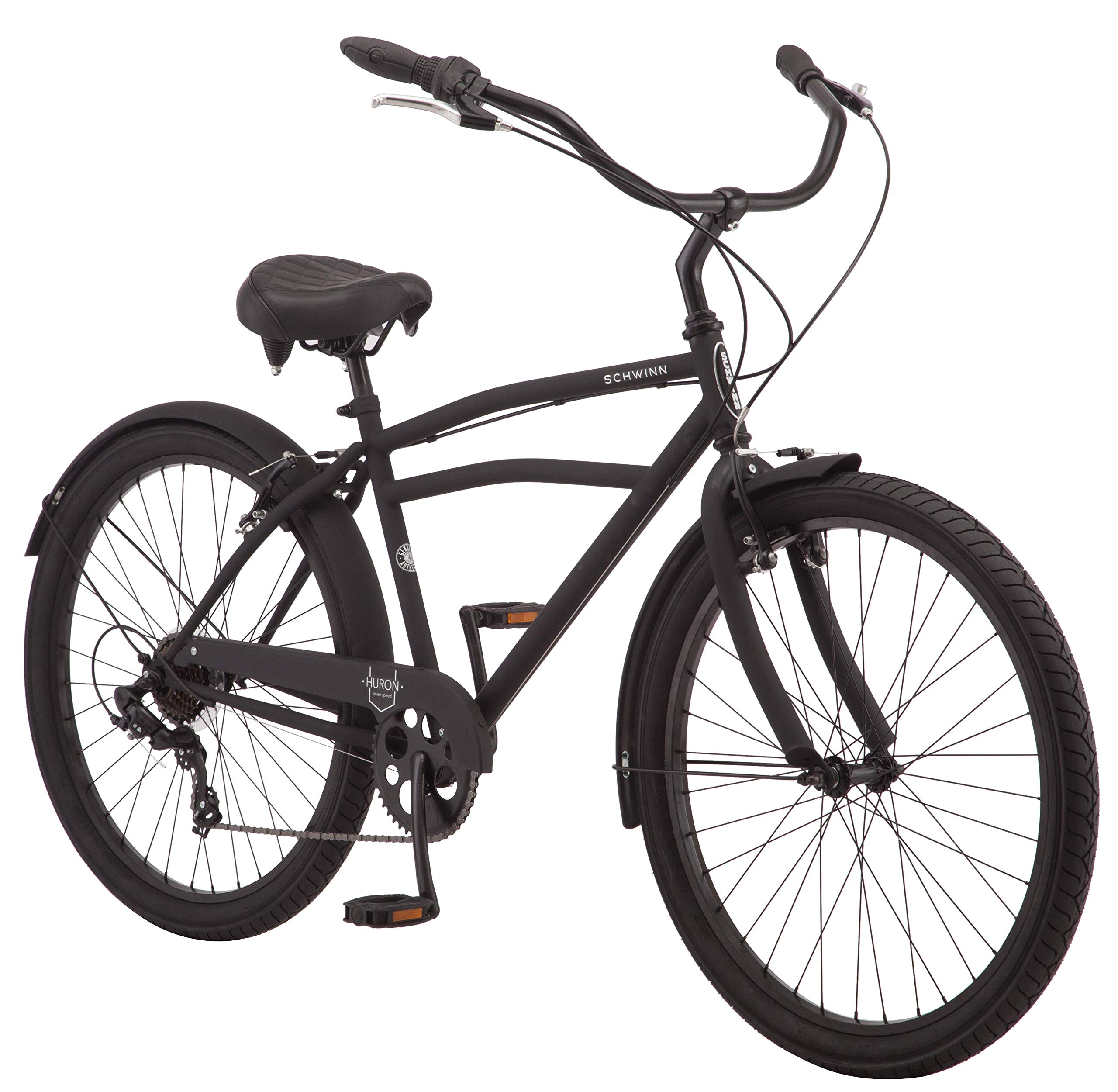 Schwinn Huron Beach Cruiser Bike for Adult, 7-Speed, Front and Rear Linear Pull Brake, 26-Inch Wheels, 17-Inch Step-Over Steel Frame, Full Front & Rear Fenders, Black