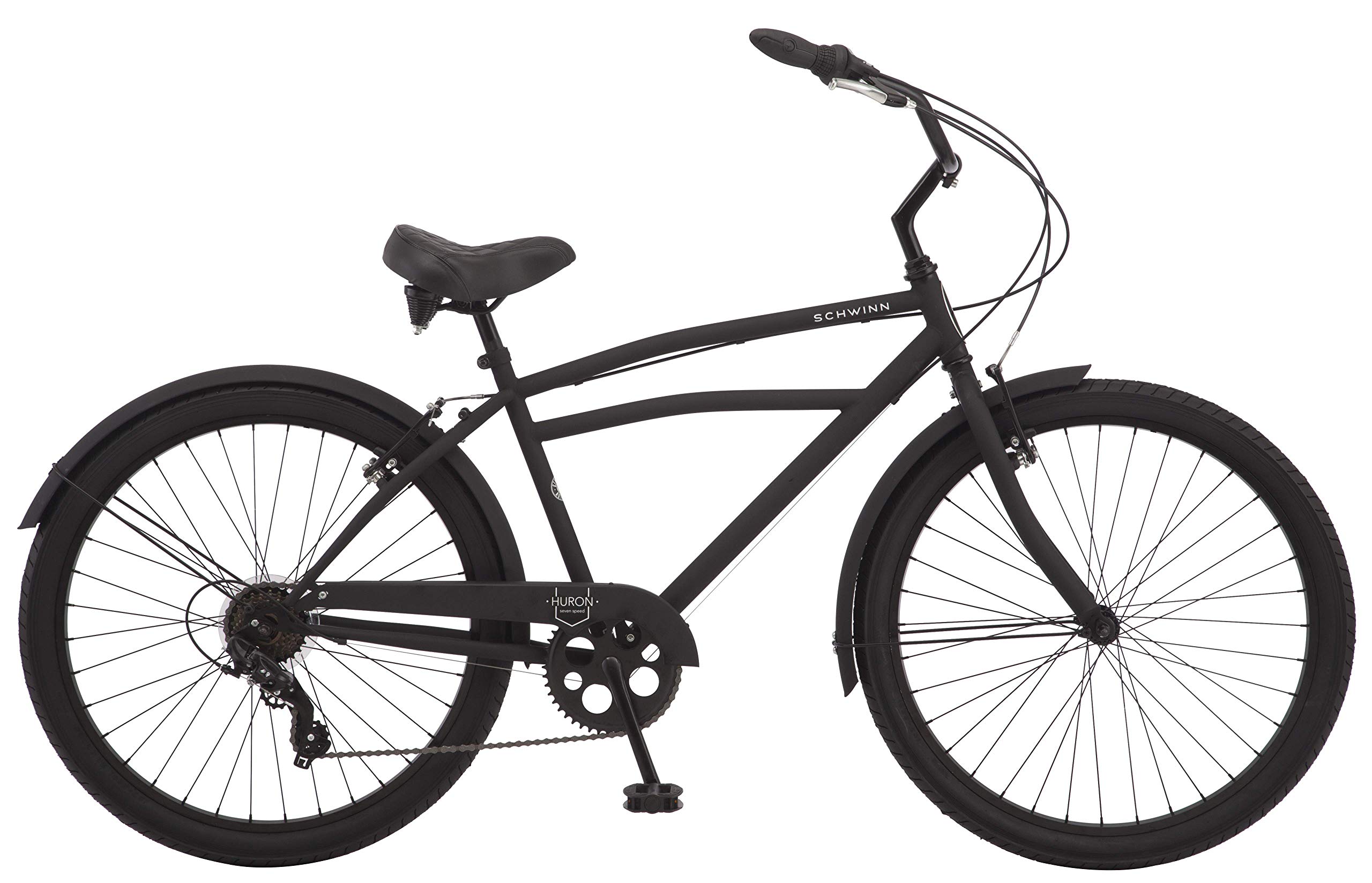 Schwinn Huron Beach Cruiser Bike for Adult, 7-Speed, Front and Rear Linear Pull Brake, 26-Inch Wheels, 17-Inch Step-Over Steel Frame, Full Front & Rear Fenders, Black