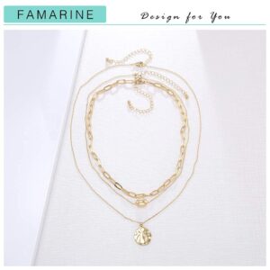 FAMARINE 18K Gold Plated Layered Necklaces Set,3 Layers Gold Chain Pendant Layering Necklace (Seperable) for Women Birthday Christmas