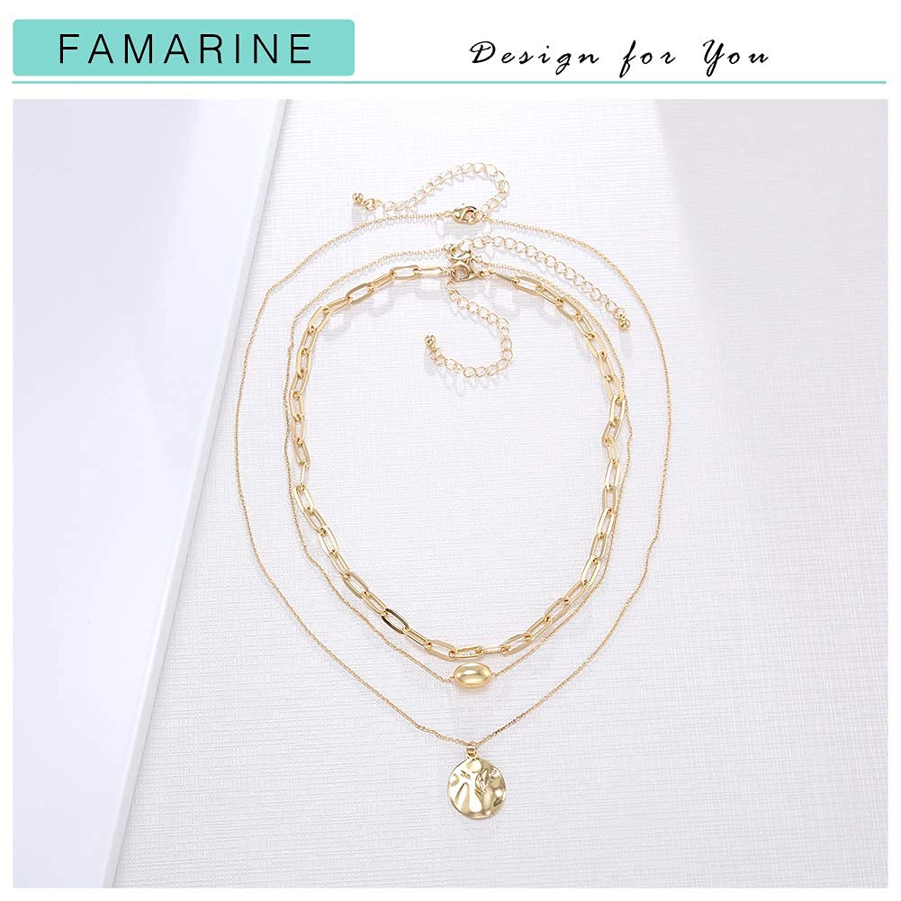 FAMARINE 18K Gold Plated Layered Necklaces Set,3 Layers Gold Chain Pendant Layering Necklace (Seperable) for Women Birthday Christmas