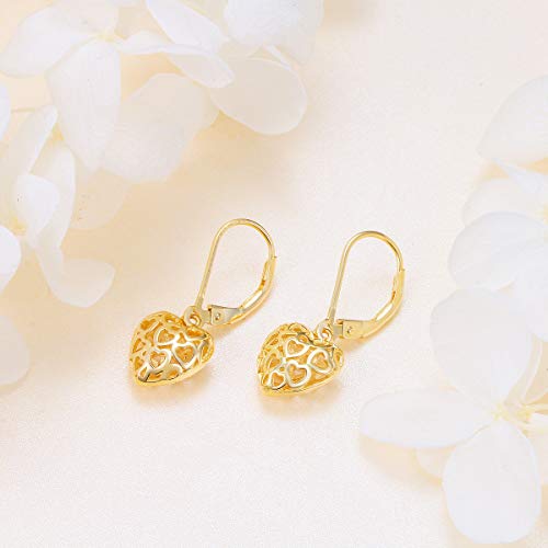 S925 Sterling Silver Heart Round Ball Dangle Drop Leverback Cage Filigree Earrings for Women