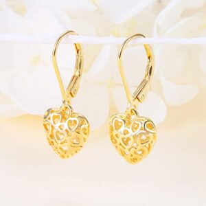 S925 Sterling Silver Heart Round Ball Dangle Drop Leverback Cage Filigree Earrings for Women