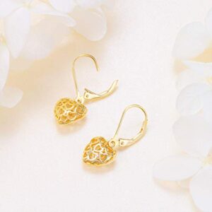 S925 Sterling Silver Heart Round Ball Dangle Drop Leverback Cage Filigree Earrings for Women