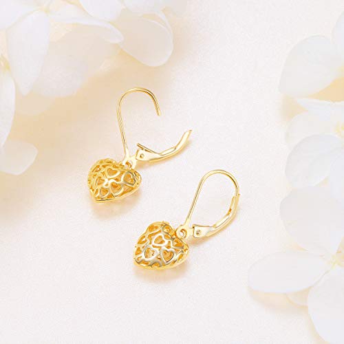 S925 Sterling Silver Heart Round Ball Dangle Drop Leverback Cage Filigree Earrings for Women